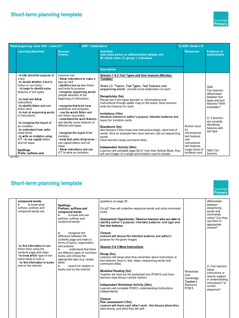 Short-Term Planning Template: Learning Objectives | PDF | Reading ...