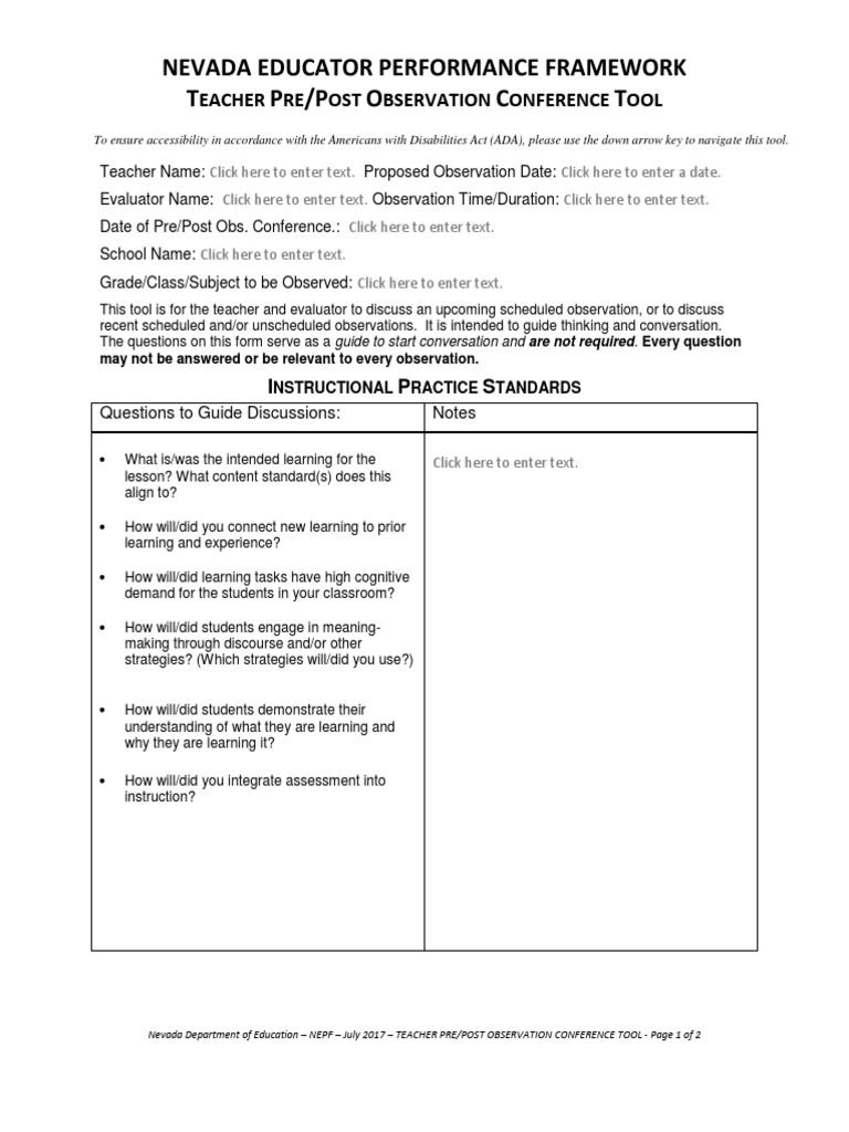 Guiding Teacher Reflection: A Tool for Pre-Observation Planning and ...