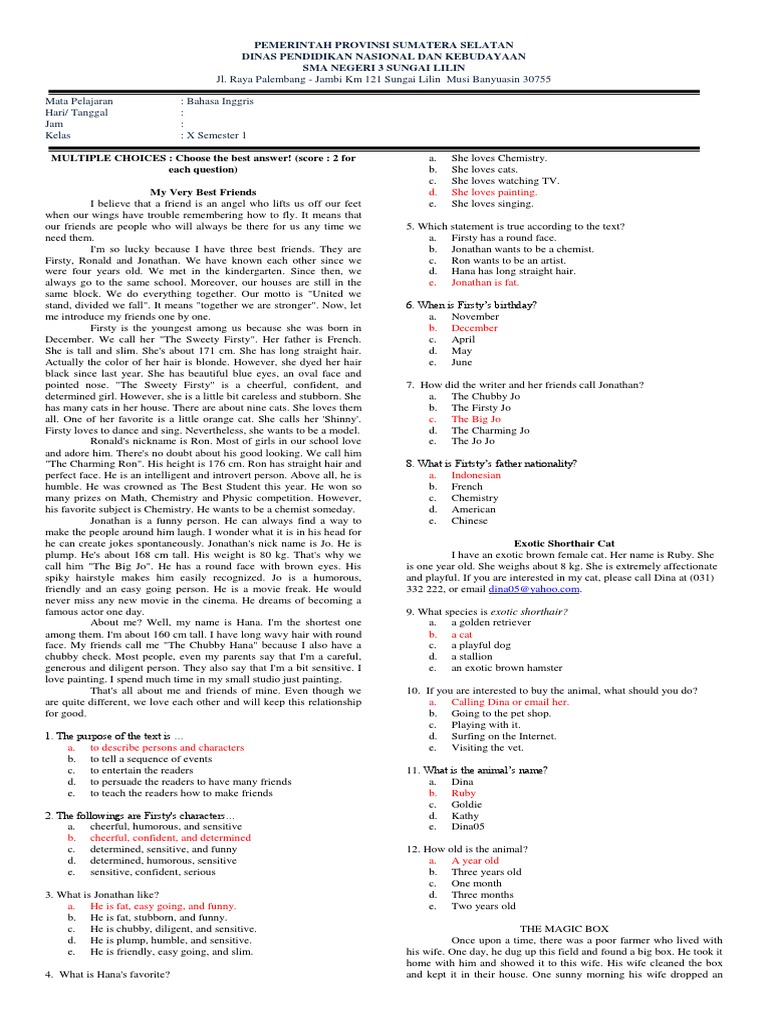 MULTIPLE CHOICES: Choose The Best Answer! (Score: 2 For Each Question ...