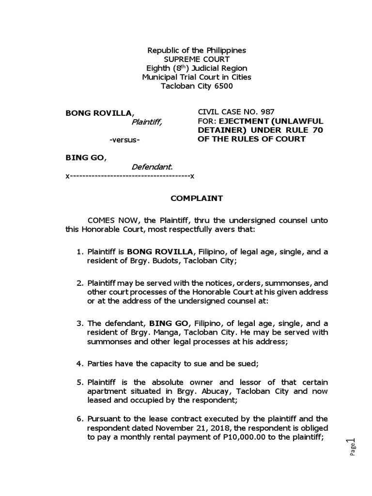 Ejectment Complaint Against Bing Go | PDF | Lease | Complaint