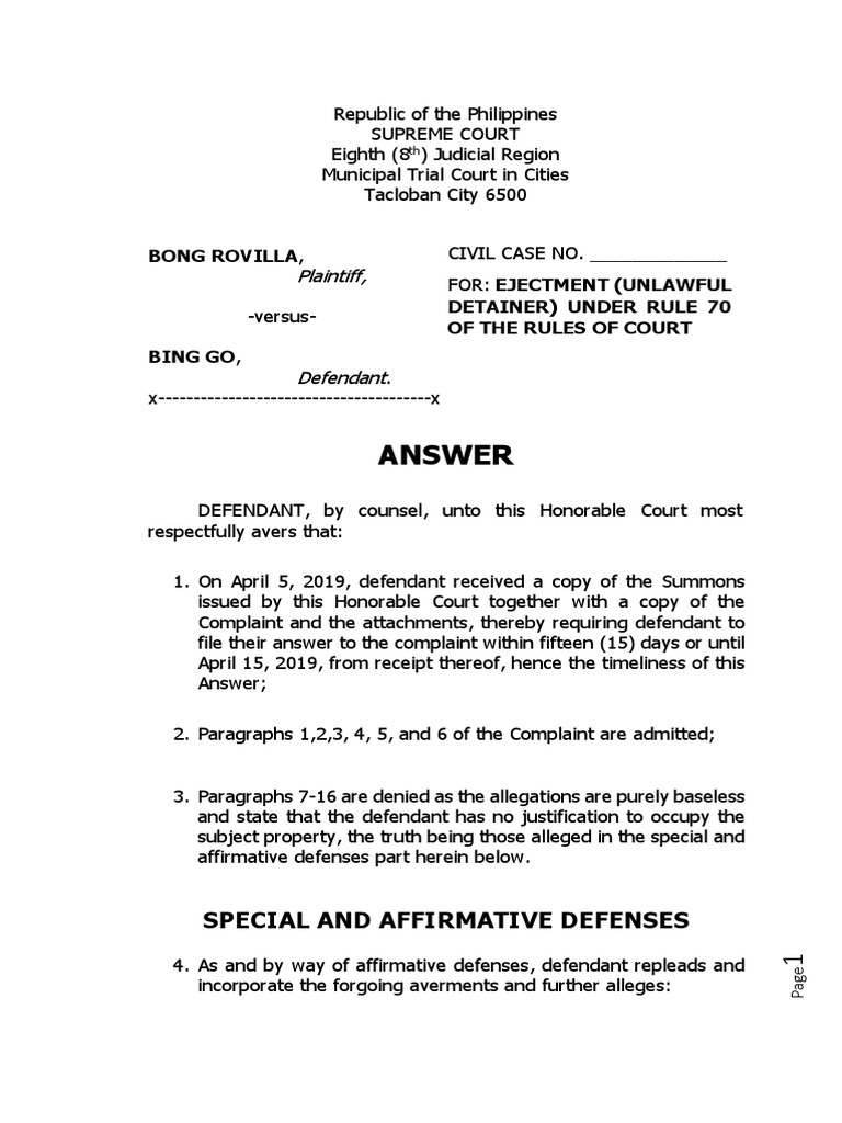 Unlawful Detainer Answer | PDF | Complaint | Lease