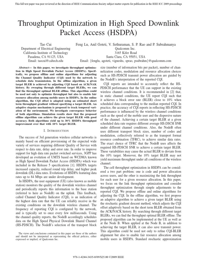 Throughput Optimization in High Speed Downlink Packet Access (HSDPA) | PDF | High Speed Packet ...
