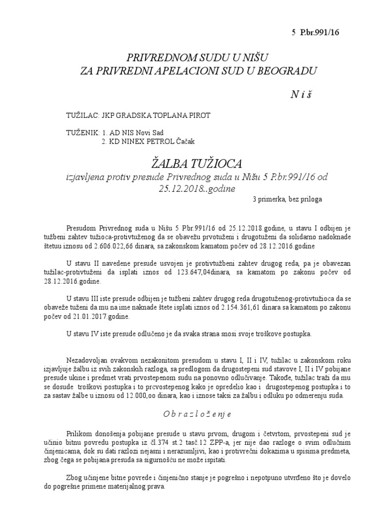 Zalba Protiv Presude Privrednog Suda Nis | PDF
