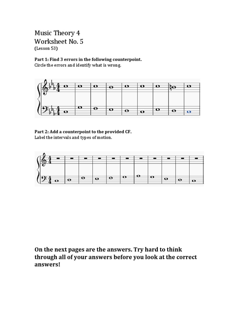 Music Theory Worksheet 5 Counterpoint Errors Intervals Motion | PDF