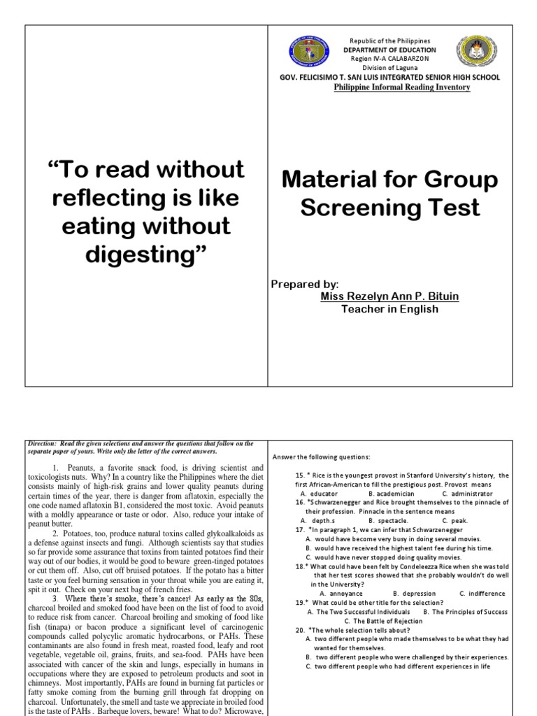 Group Screening Test | PDF | Polycyclic Aromatic Hydrocarbon | Grilling