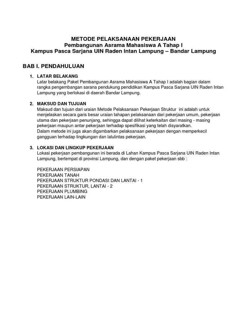 Metode Pelaksanaan Pekerjaan Gedung Asrama | PDF | Griya & Taman ...