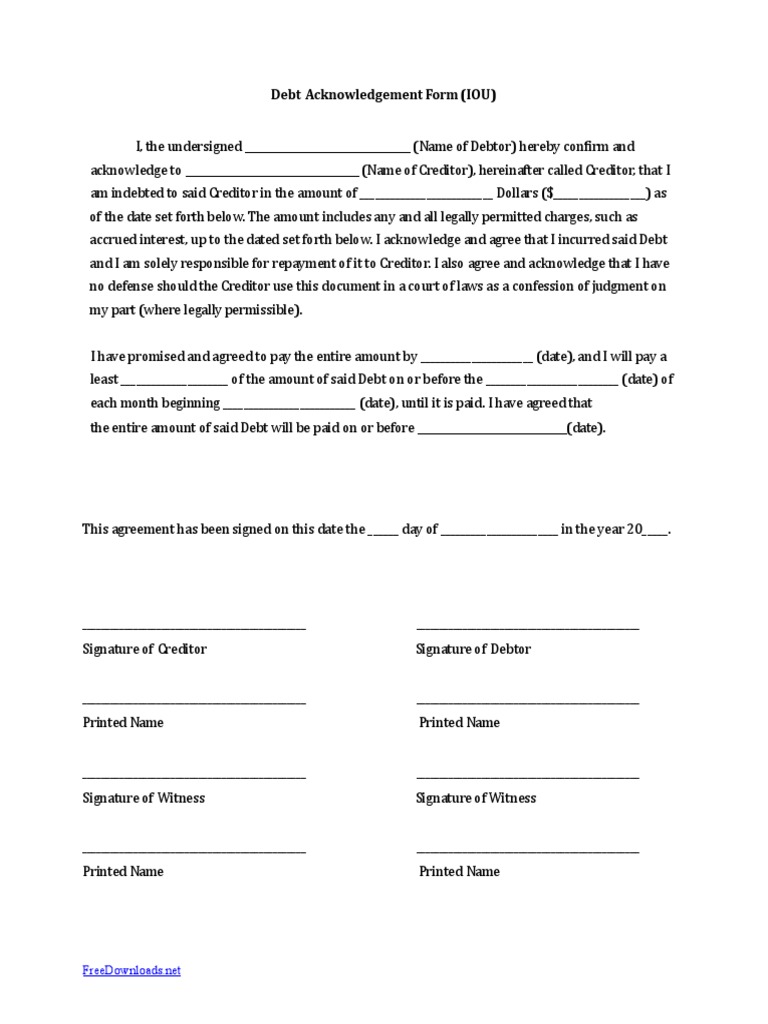 Debt Acknowledgement Form (IOU) | PDF | Debtor | Debt