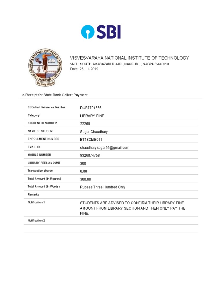 VNIT Library Fine Receipt | PDF