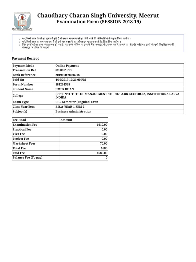 Https Ccsuweb - in Newform Exam Form Payment Receipt - Aspx