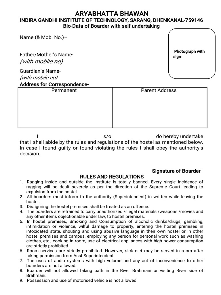Hostel Rules and Undertaking Form | PDF