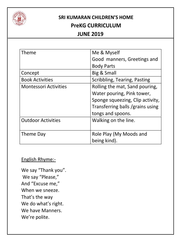 Prekg Curriculum JUNE 2019: Sri Kumaran Children'S Home | PDF