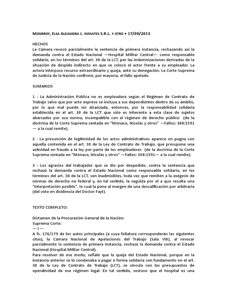 Monrroy, Elsa Alejandra C. Infantes S.R.L. y Otro - 17/09/2013 | PDF ...