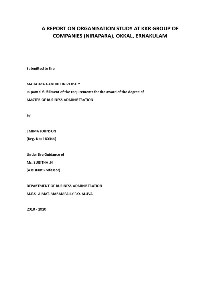 A Report On Organisation Study at KKR Group of Companies (Nirapara), Okkal, Ernakulam | PDF