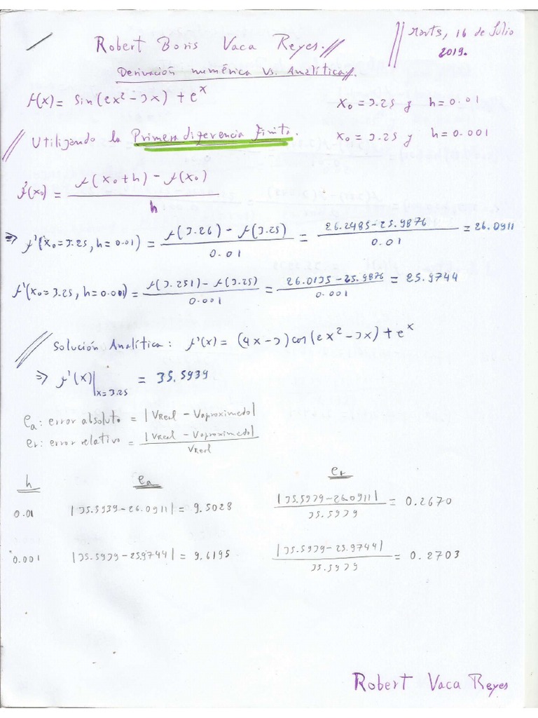 Deber 10, Vaca R., Diferenciación Numérica Mejorada | PDF | Derivado | Análisis numérico