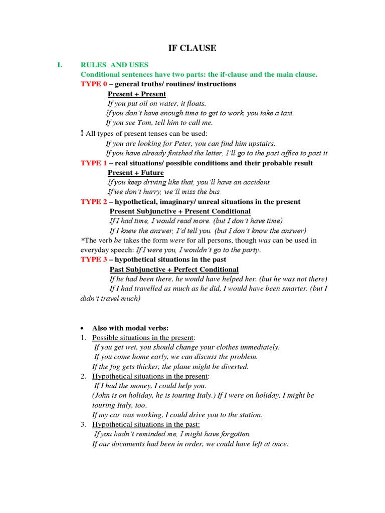 If Clause: I. Rules and Uses Conditional Sentences Have Two Parts: The ...