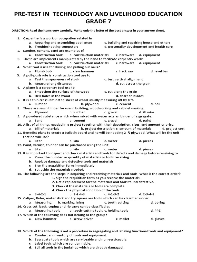 Pre-Test in Technology and Livelihood Education Grade 7 | PDF ...