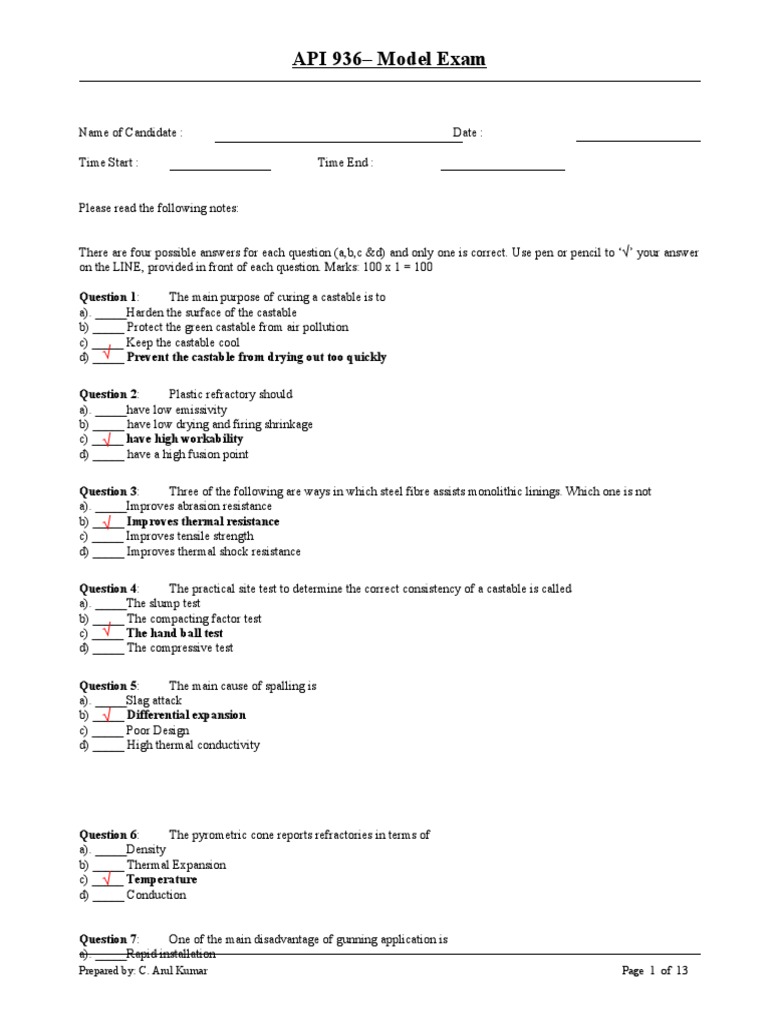 API 936 - Model Exam | PDF | Refractory | Carbon