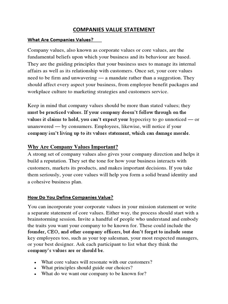 Companies Value Statement Assignment | PDF | Value (Ethics) | Layoff
