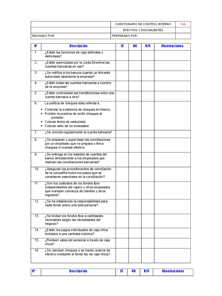 Cuestionario Control Interno - Caja | PDF | Cheque | Bancos
