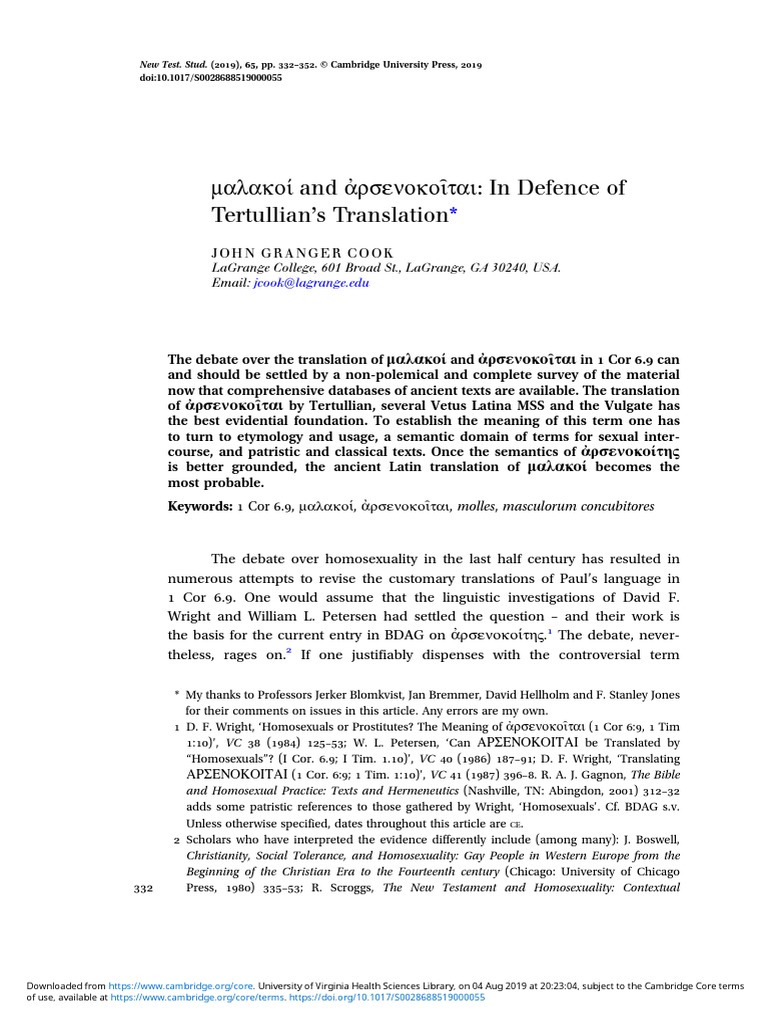 μαλακοί and ἀρσενοκοῖται: In Defence of Tertullian's Translation | PDF ...