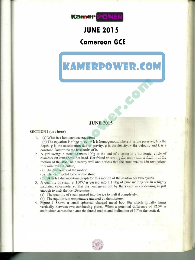 GCE Advanced Level Physics Past Question Paper 2 Cameroon Year 2015 PDF ...