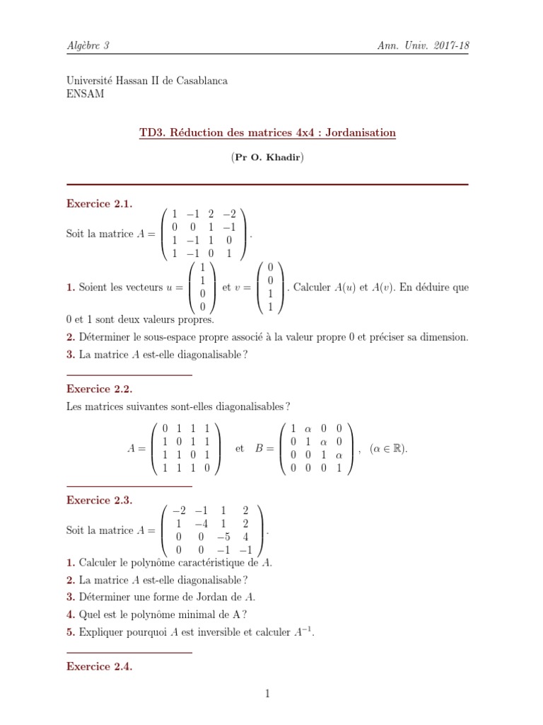 TD3 Jordanisation Des Matrices | PDF | Valeur propre, vecteur propre et ...