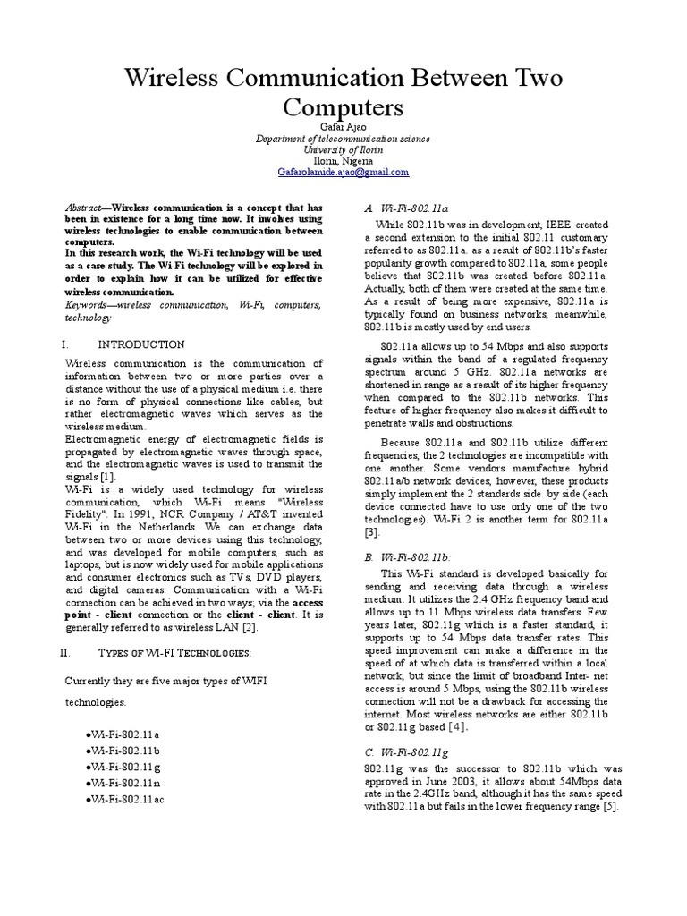 Wireless Communication Between Two Computers: Abstract-Wireless ...