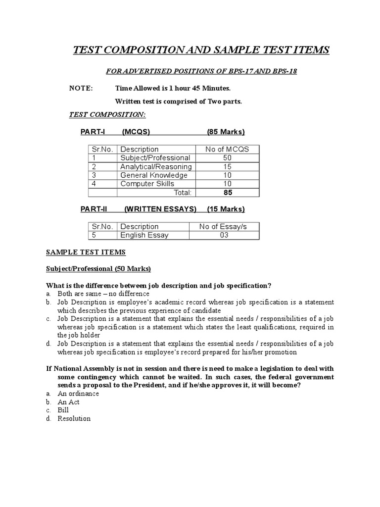 Test Composition and Sample Test Items: For Advertised Positions of Bps ...