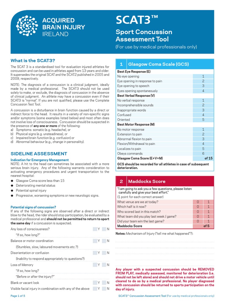 B22546 Sports Physician Concussion Assessment Tool SCAT3 | PDF ...