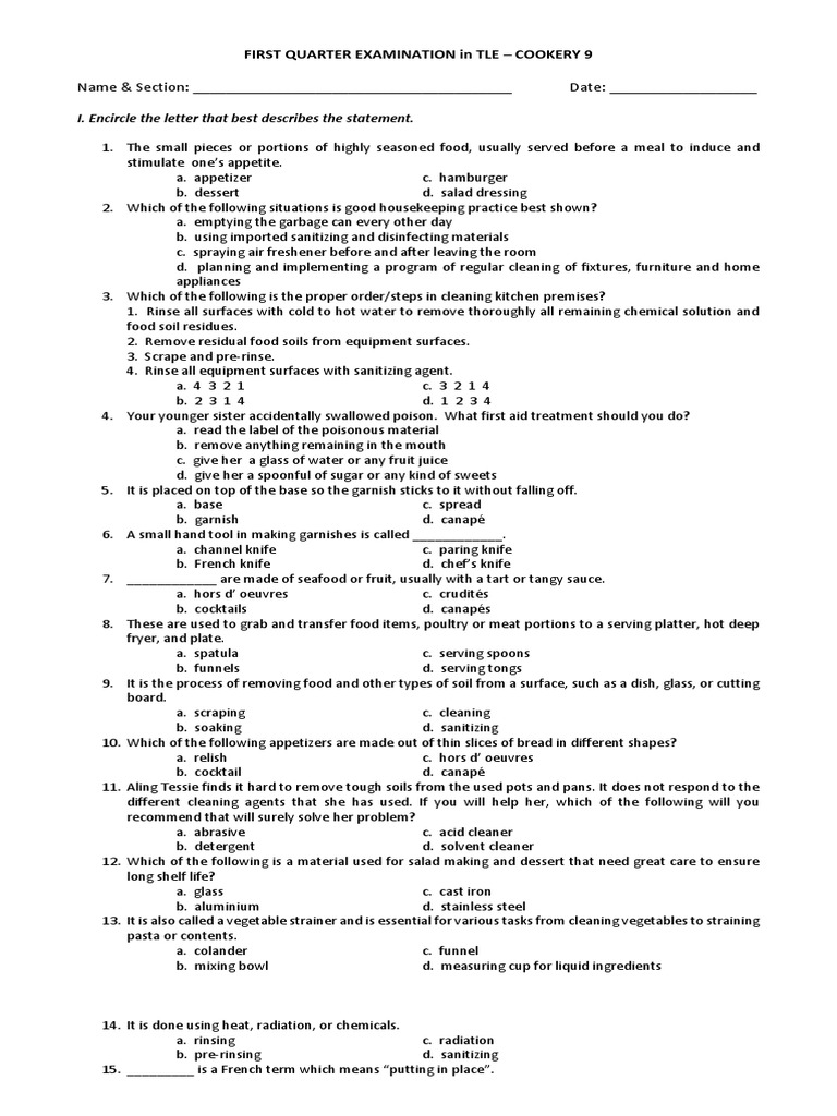 First Quarter Exam in Cookery 9 | PDF | Hors D'oeuvre | Cooking