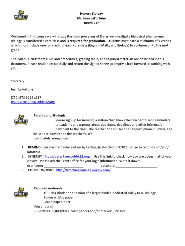 Honors Biology Syllabus - Jean Lafortune | PDF | Genetics | Cell (Biology)