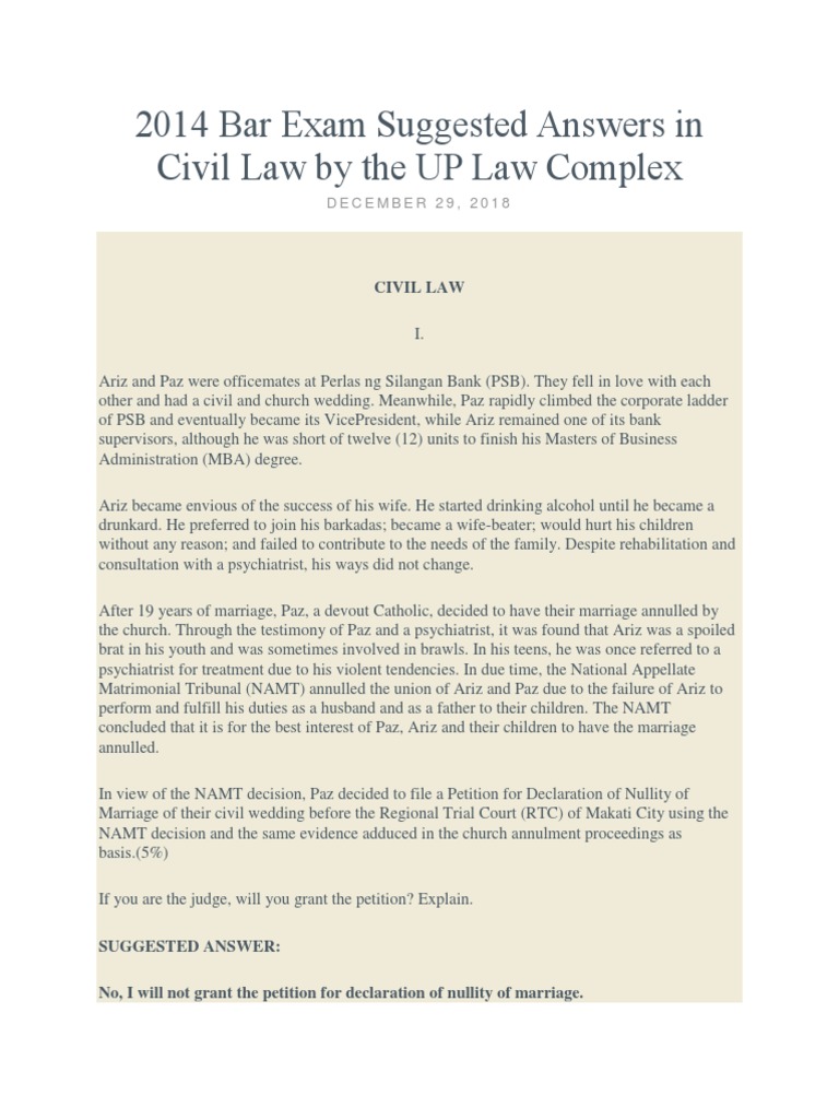 2014 Bar Exam Suggested Answers | PDF | Annulment | Lease