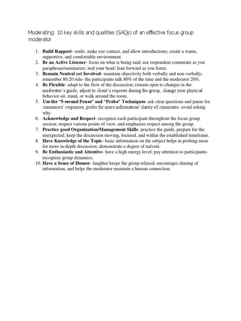 Moderating: 10 Key Skills and Qualities (Saqs) of An Effective Focus ...