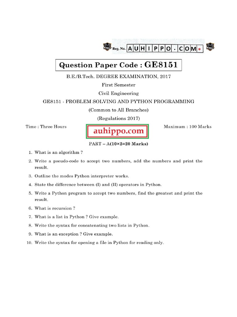 Ge8151 Problem Solving and Python Programming Reg 2017 | PDF Ge8151 Problem Solving and Python Programming Reg 2017 | PDF
