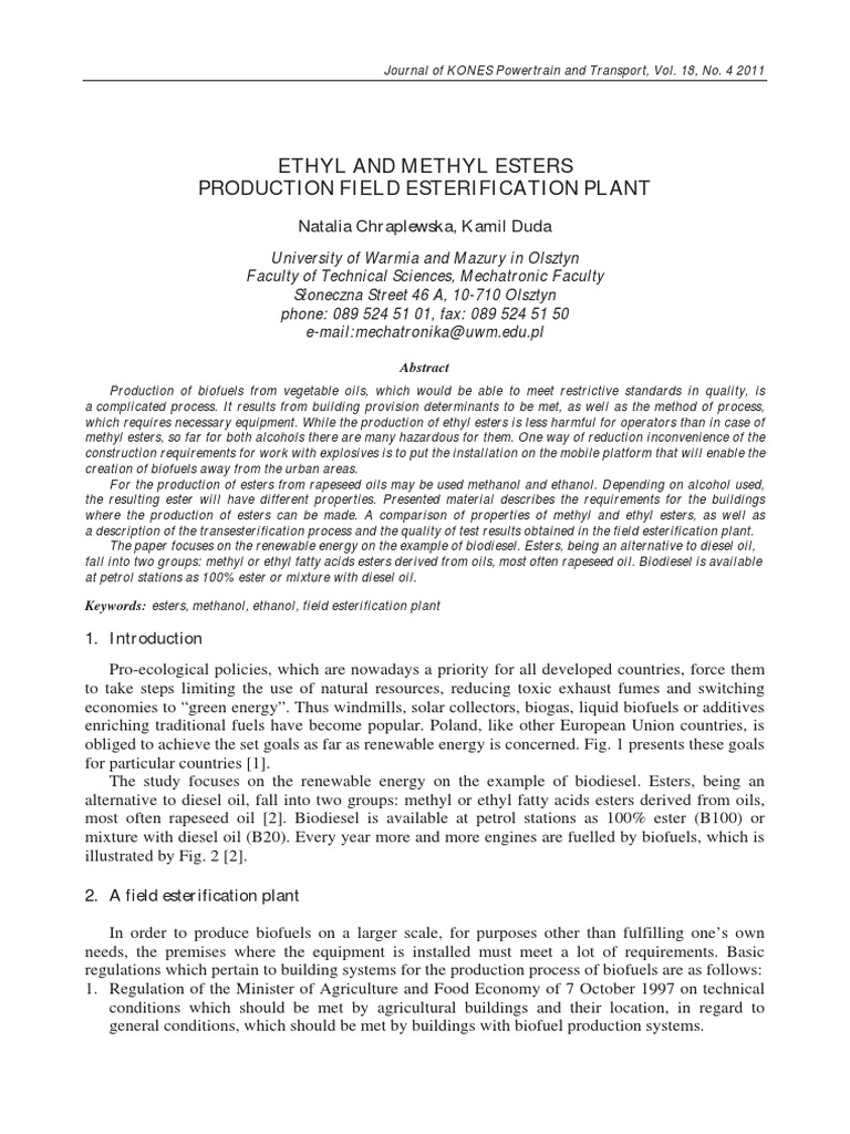 Field Esterification Plant for Biofuels | PDF | Ester | Ethanol