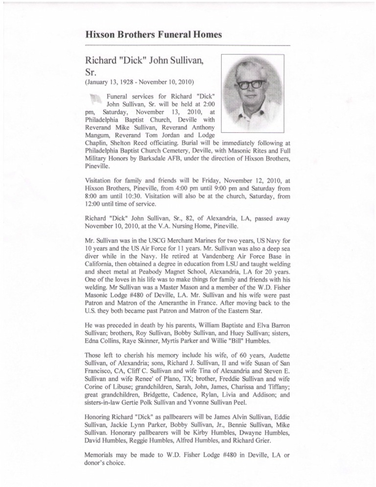 Dickie Sullivan Obit | PDF | Freemasonry | Western Esotericism