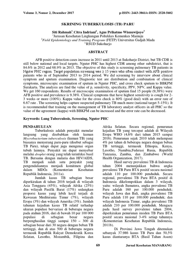 Skrining Tuberkulosis (TB) Paru: Field Epidemiology and Training Program (FETP) Universitas ...