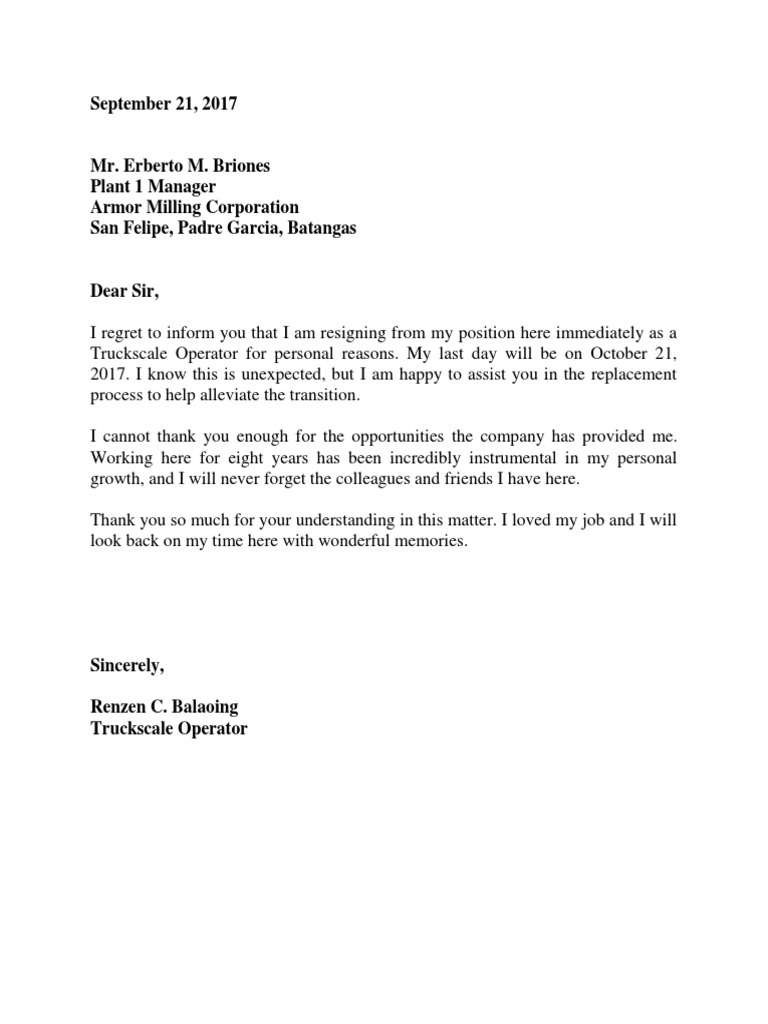 Resignation Letter from Truckscale Operator | PDF