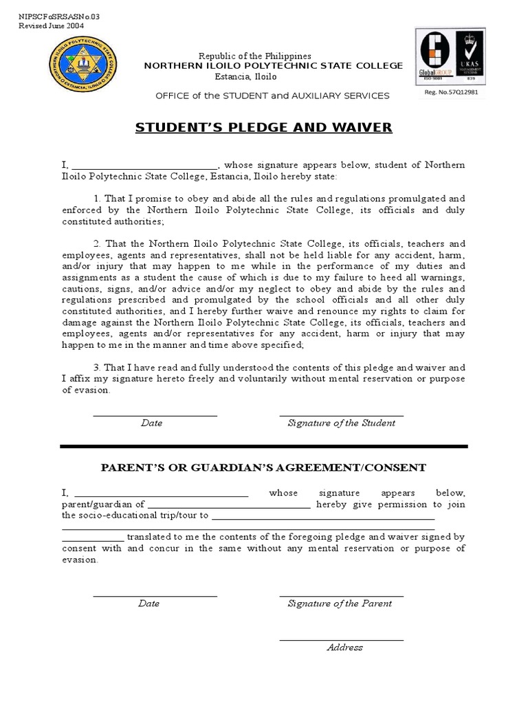 Student'S Pledge and Waiver: Republic of The Philippines Estancia ...