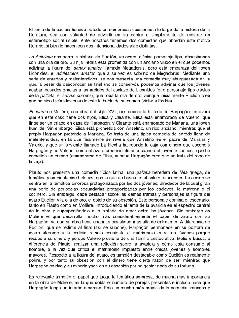 La Aulularia: Comedia de la Avaricia | PDF | Comedia