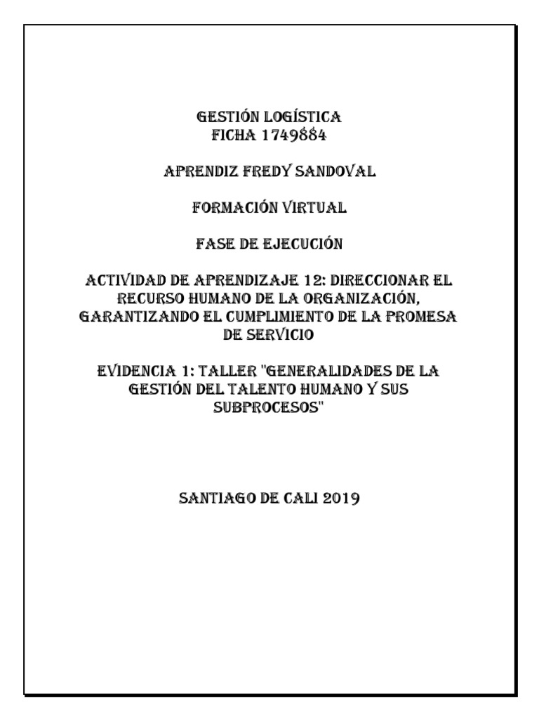 Evidencia 1 Taller Generalidades de La Gestión Del Talento Humano y Sus Subprocesos PDF | PDF ...