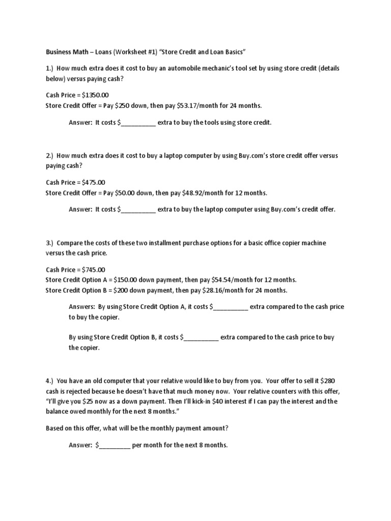01 Business Math Loans Worksheet 1 | PDF | Interest | Credit