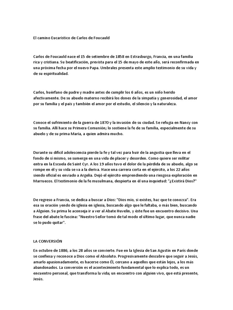 El Camino Eucarístico de Carlos de Foucauld | PDF | eucaristía | Oración