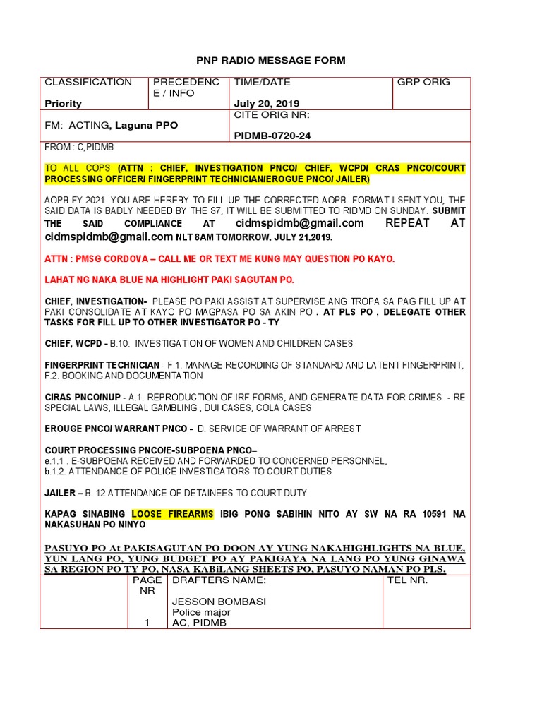 PNP Radio Message Compliance Request | PDF | Law