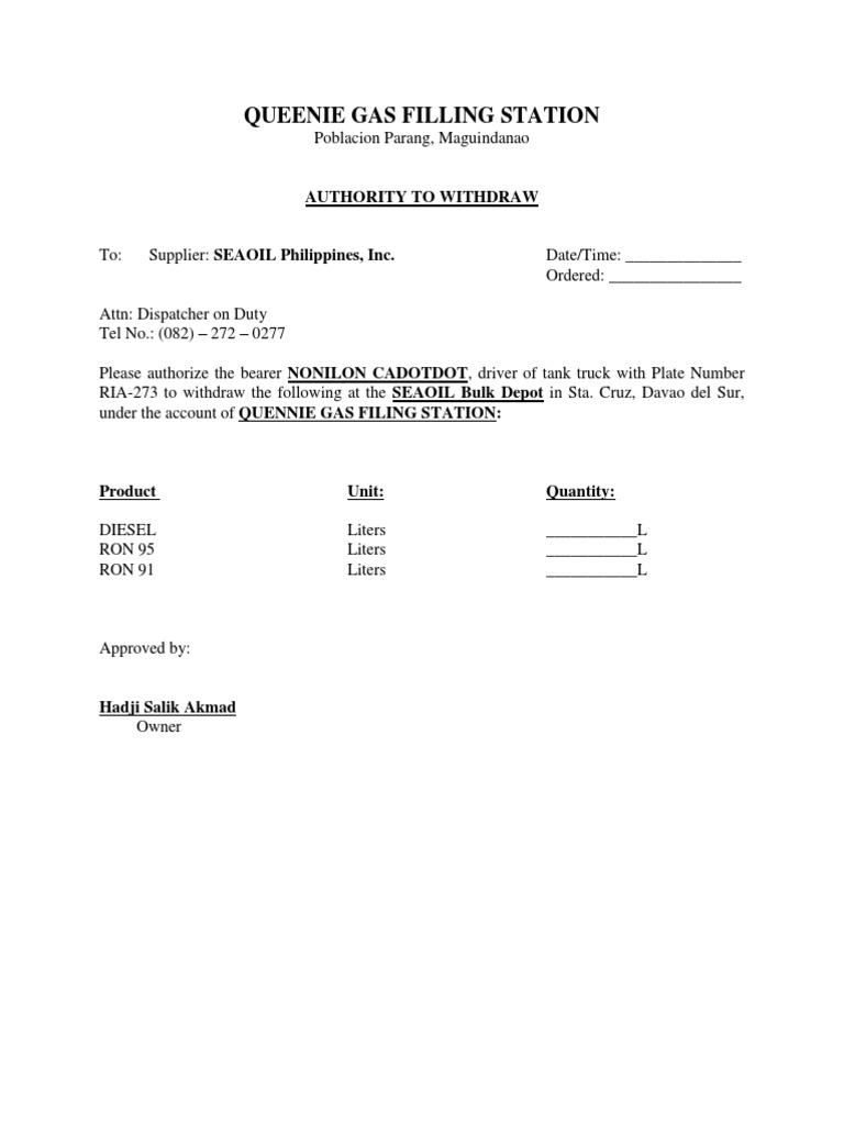 Fuel Withdrawal Authorization | PDF