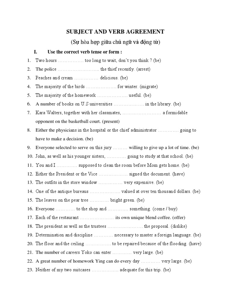 Subject and Verb Agreement: (S Hòa H P Gi A CH NG Và Đ NG T ) | PDF