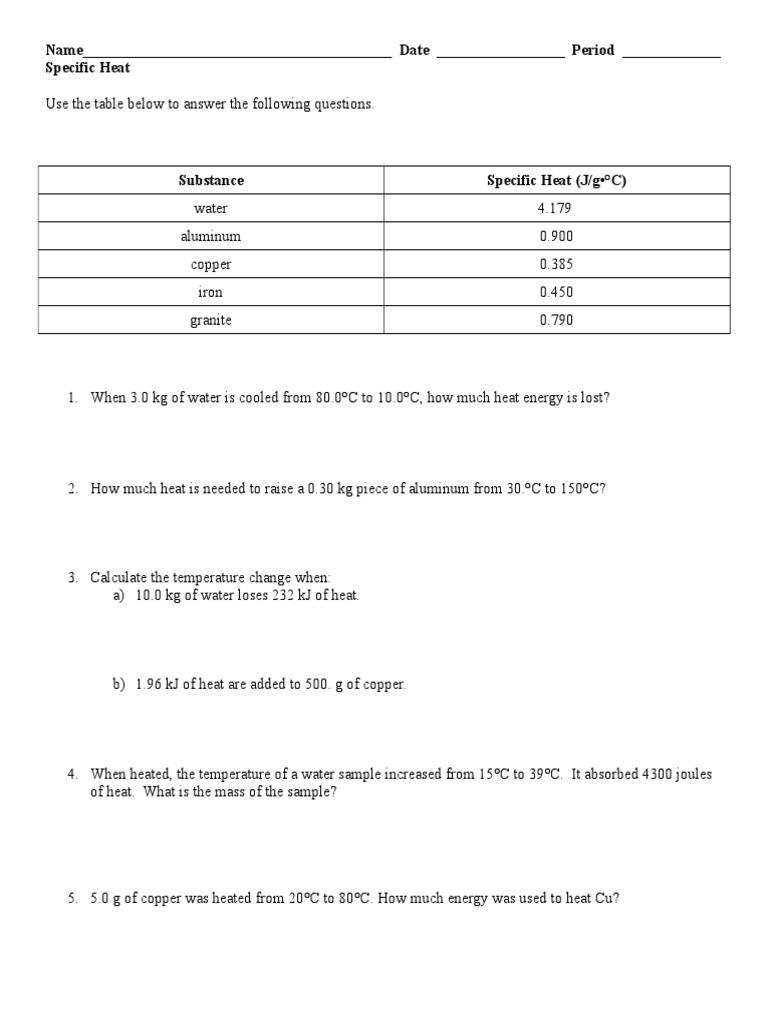Specific Heat Worksheet | PDF | Science & Mathematics