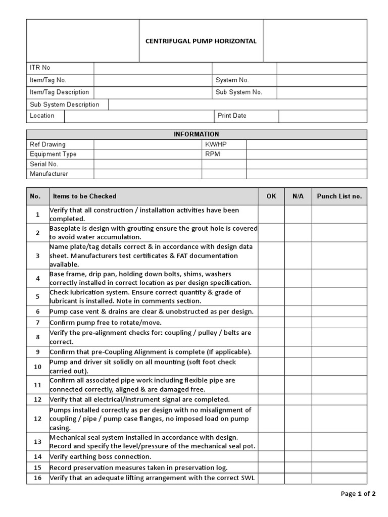 Pump Check Sheet | PDF | Pump | Pipe (Fluid Conveyance)