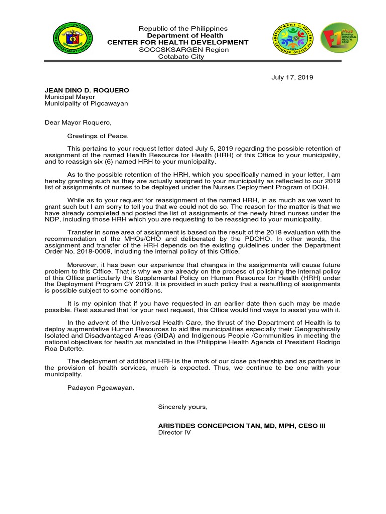 DOH letter on HRH assignments | PDF | Public Sphere | Health Care
