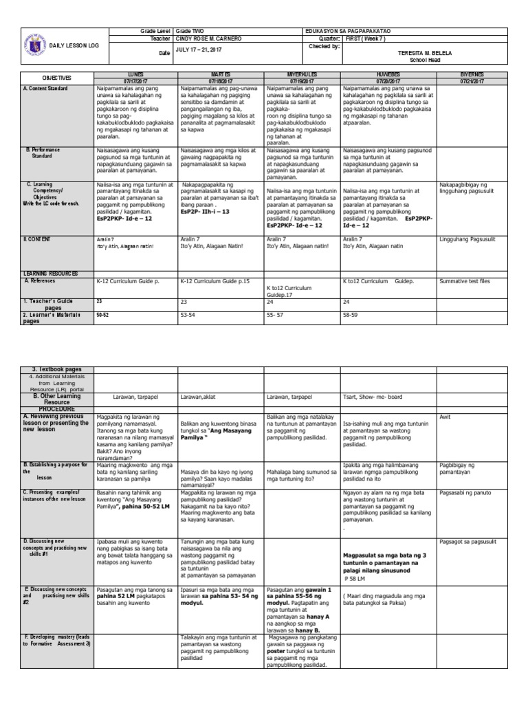Week 7 DLL Grade 2 With Reflection Quarter 1 | PDF